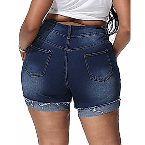 Rubugil Women's Plus Size Casual Denim Shorts High Waisted Stretchy American Flag Patched Folded Hem Jean Shorts Dark Blue 16W