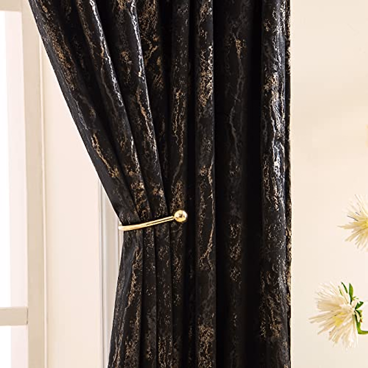 MIULEE Luxury Velvet Curtains 96 Inches Long Glitter Gold Foil Print Soft Bedroom Living Room Curtains Elegant Metallic Room Darkening Thermal Insulated Grommet Window Drapes, 2 Panels, Black