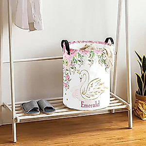 Personalized Watercolor Fantasy Floral Swan Waterproof Laundry Basket Handles Collapsible Hamper Storage Basket for Office Bathroom