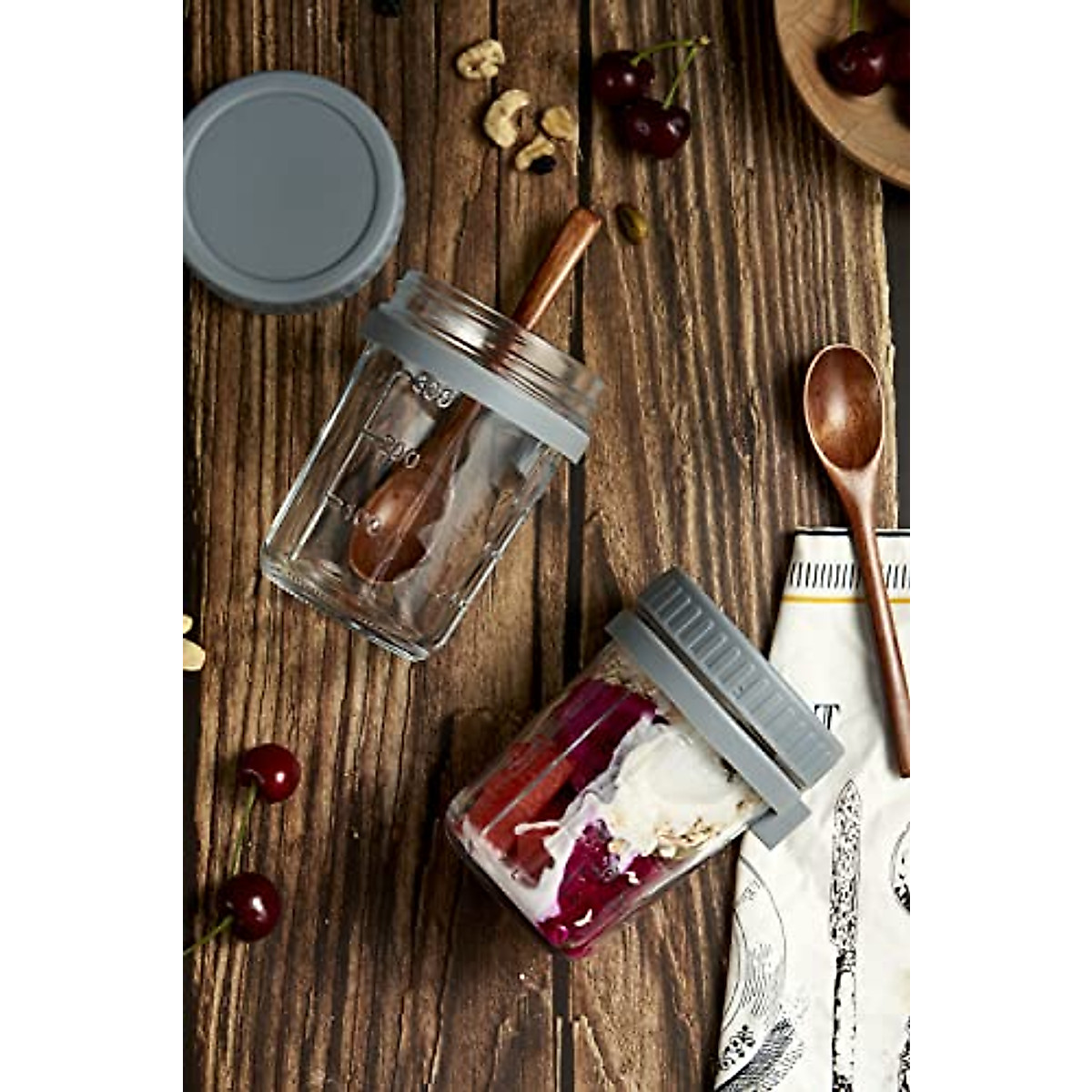 Overnight Oats Containers with Lids - 2pack Updated Design 10 oz Wide Mouth Mason Jar with Spoon Very Convenient for Use On The Go, Tight sealing glass jar ideal for home, office or to go
