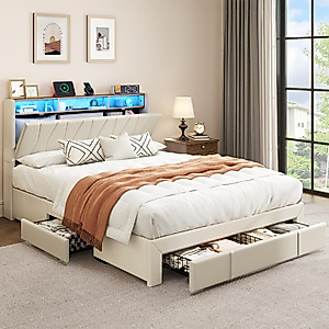 DWVO LED Bed Frame King Size, Storage Bed Frame with 4 Drawers & LED Light, Upholstered Platform Bed with Storage Bookcase Headboard and Charging Station, No Box Spring Needed, Easy Assembly, Beige