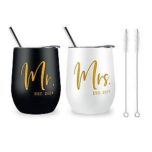 ELEGANTPARK Mr and Mrs Gifts Wedding Gifts for Couples 2024 Engagement Newlyweds Wedding Gifts for Bride and Groom Cups Stainless Steel Mr & Mrs Wine Tumbler with Lid and Straw 12 OZ