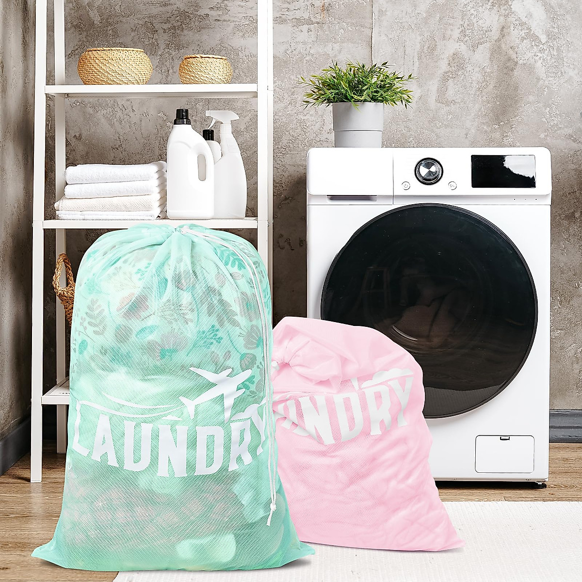 2 Pack Large Mesh Laundry Bag, Heavy Duty Laundry Bags with Drawstring, Laundry Hamper Liner, Machine Washable, for Travel, Storage, Sports, Dorms and Apartment Dwellers, 24 x 36 Inches (Pink+Green)