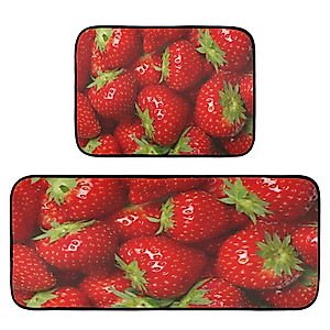 ALAZA Strawberry Fruit Red Non Slip Kitchen Floor Mat Set of 2 Piece Kitchen Rug 47 x 20 inches + 28 x 20 inches for Entryway Hallway Bathroom Living Room Bedroom