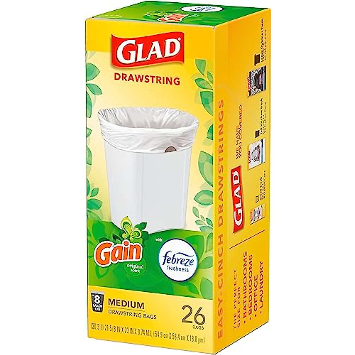 Glad Medium Drawstring Trash Bags, 8 Gal, Gain Original Scent with Febreze, 26 Ct, Pack May Vary