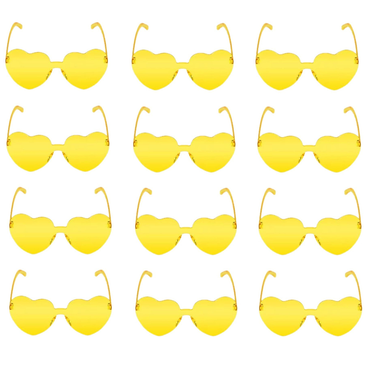 JFTOWN 12 Pairs Heart Shape Rimless Valentines Sunglasses Candy Color Frameless One Piece Love Glasses for Women Party Favor (Yellow)