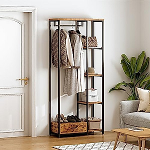 soges Free-Standing Garment Rack, Clothing Rack Clothes Organizer with 5-Tier Shelves,Hanging Rod and Drawer, Open Wardrobe Closet Storage Organizer,Portable Coat Rack, 10JYBJCR03TK