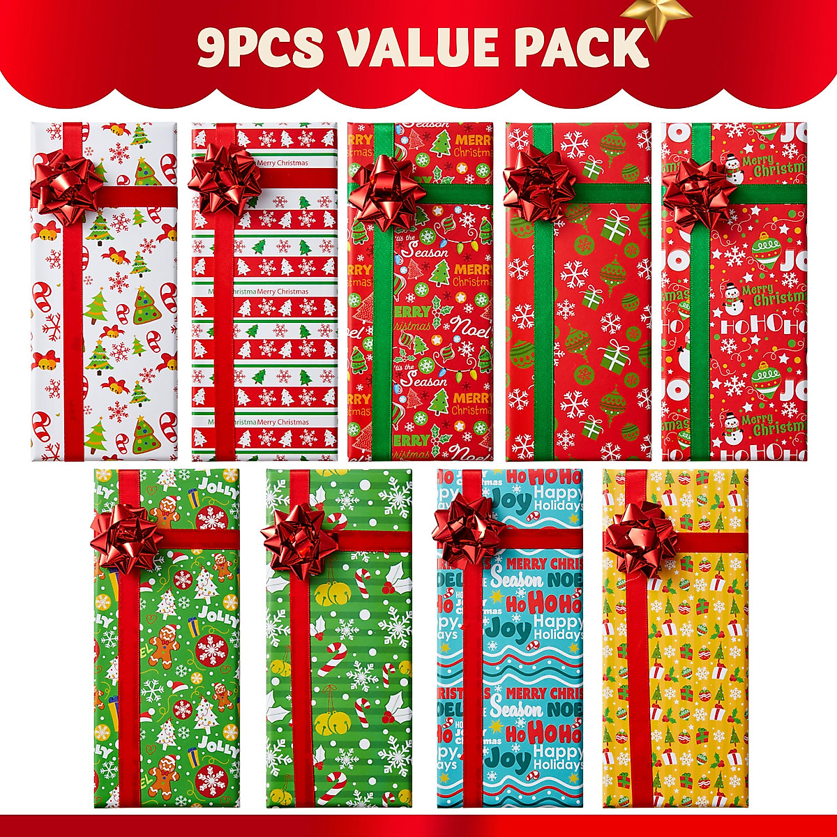 JOYIN 9PCS Present Gift Card Box with Bow, Christmas Cash Money Holder Boxes, Present Card Holder, Xmas Party Favor Gift Wrapping Boxes (6.5'' x 2.8'' x 0.8'')