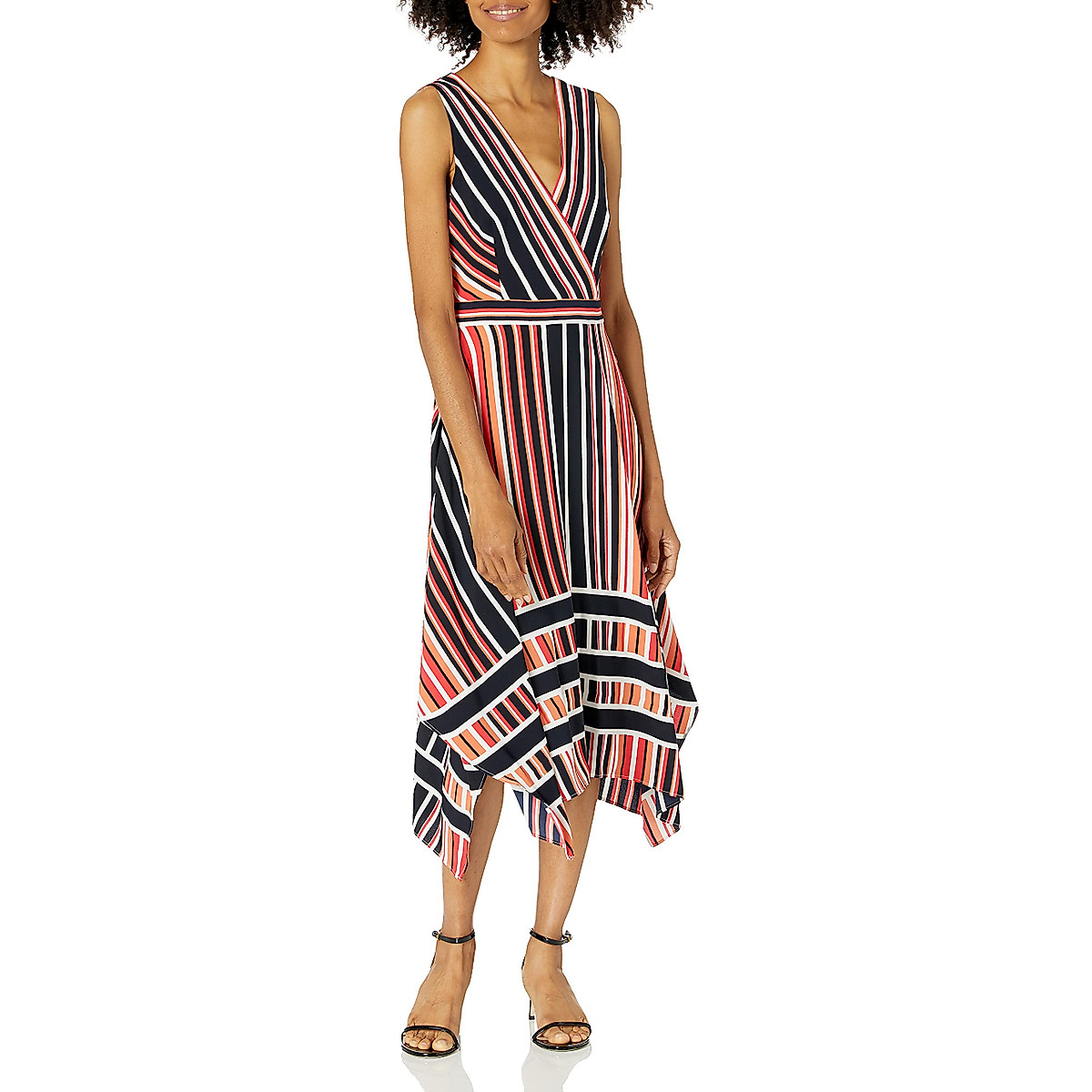 Karl Lagerfeld Paris Striped Hammered Crepe Asymmetrical Hem Midi Dress, Paradise Pink Multi, 10