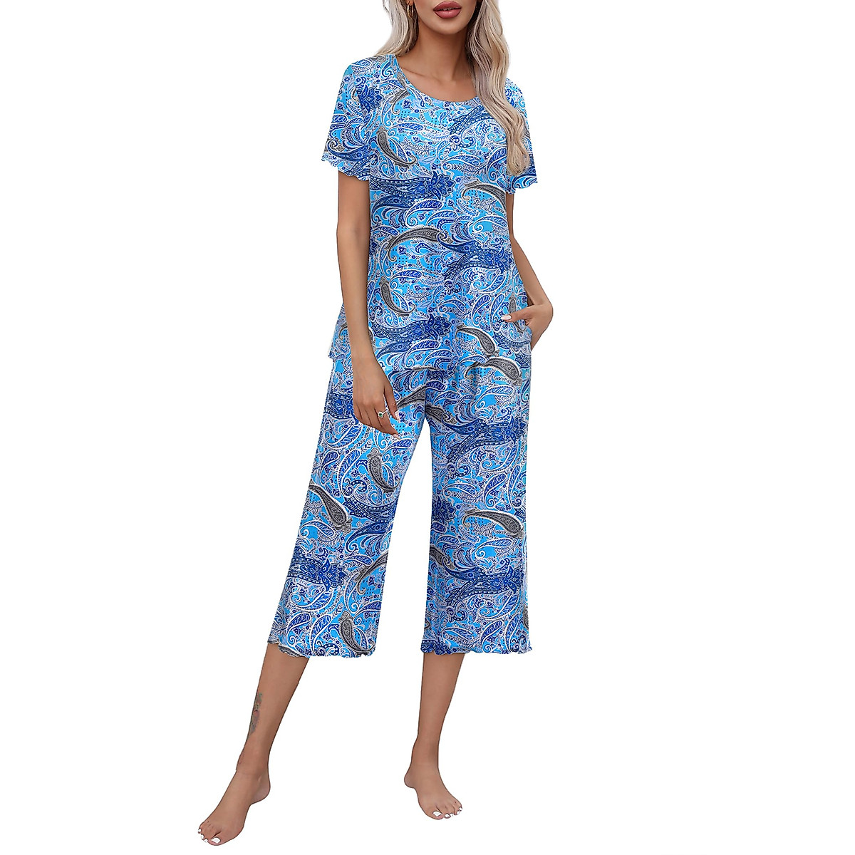 Ekouaer Women's Pajamas Set Short Sleeve Top With Capri Pants Pjs Lounge & Sleepwear SetCashew Navy BlueXX-Large