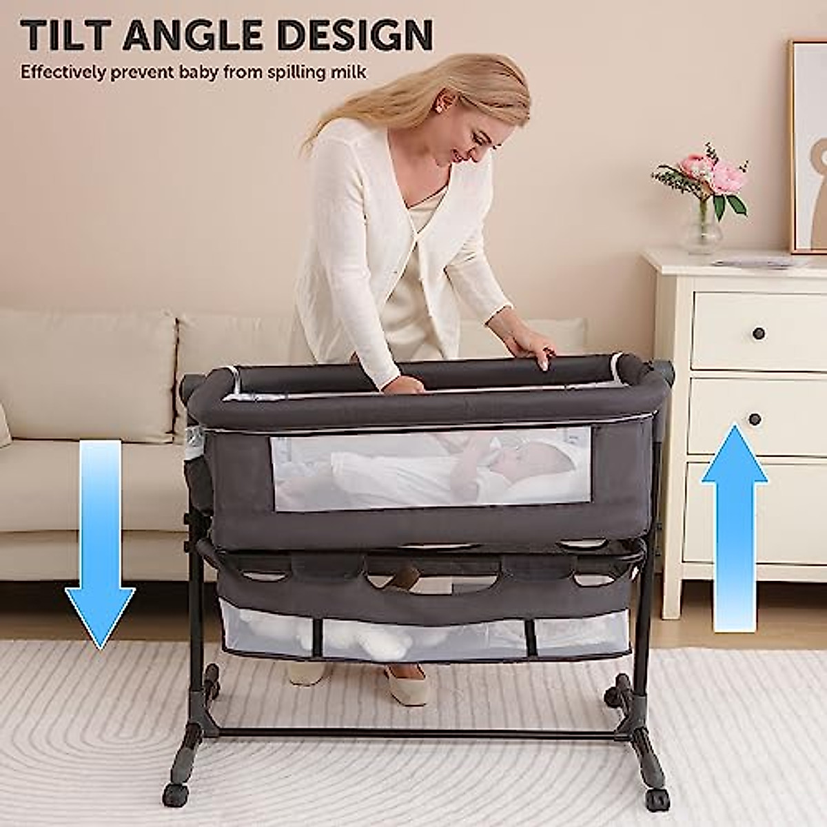 YADAQE Baby Bassinet, Baby Basinet Bedside Sleeper, Easy to Fold Portable Crib Side Bassinet 2023new Style Girl/boy bassinets (Gray)