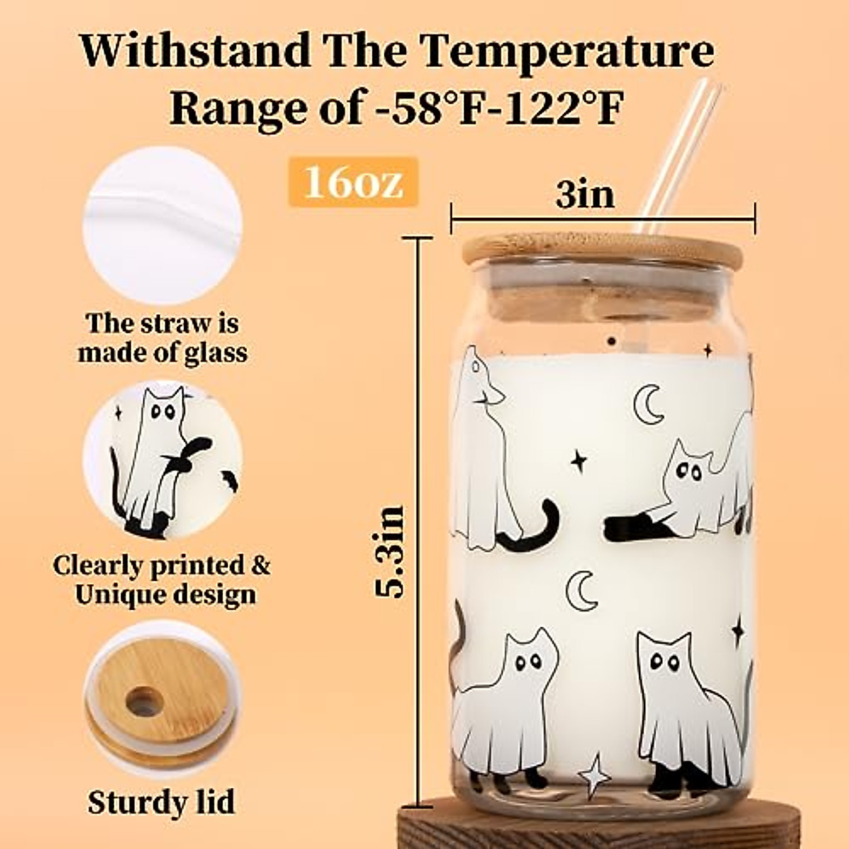 Joyseller Halloween Iced Coffee Can Glass, 16oz Halloween Cute Ghost Cat Glass Cup with Lid and Straw, Halloween Tumbler Beer Can Glass, Halloween Gifts, Halloween Decorations