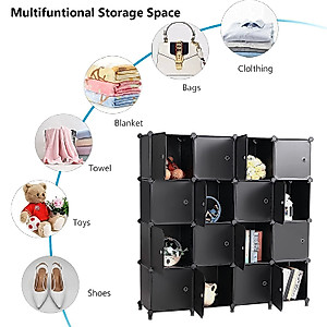 ANWBROAD Cube Storage Organizer, 16-Cube Modular DIY Book Shelf with Doors, Closet Clothes Organizer, Plastic Storage Cubbies Cabinet for Living Room Bedroom Office Black ULCS16BM