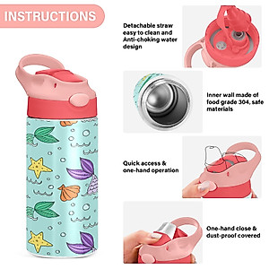 MCHIVER Mermaid Kids Water Bottle with Straw Insulated Stainless Steel Kids Water Bottle Thermos for School Girls Boys Leak Proof Cups 12 oz / 350 ml Pink Top