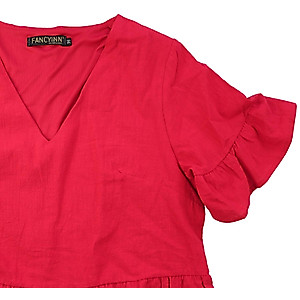 FANCYINN Women’s Red Cute Shift Tunic Dress Short Bell Sleeve V Neck Causal Swing Red Ruffle Mini Dress with Pockets M