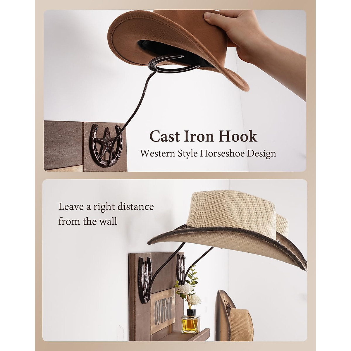 Cowboy Hat Holder for Wall with Shelf and 5 Hooks Western Cast Iron Hat Rack Rustic Wood Cowboy Hat Hanger for Entryway Closet Western Wall Decor Hat Hooks 25.6x11.8x6.5 in Men's Christmas Gift