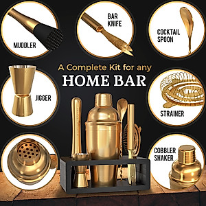 Highball & Chaser Cocktail Shaker Set: Bartender Kit for Home Bar Mixology Cocktail Bar Set Plus E-Book with 30 Recipes (Antique Gold)