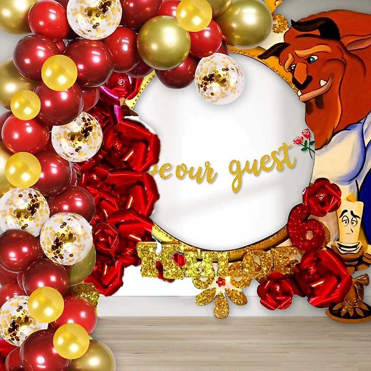 Be Our Guest Party Decoration Banner, Beauty and the Beast Birthday Party Balloon Garland Arch Red and Gold for Bachelorete Party Baby Shower Wedding Engagement Party Housewarming Decorations