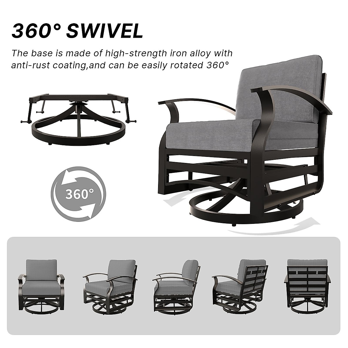 Gotland 7-Seater Outdoor Metal Patio Furniture Set with 2 Swivel Rocking Chairs & 55,000 BTU Gas Fire Pit Table with Glass Wind Guard - Patio Conversation Sectional Sofa Sets in Grey