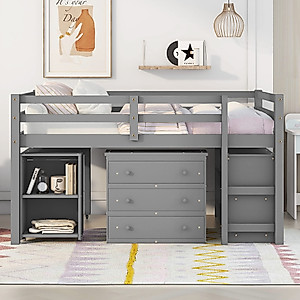CITYLIGHT Low Full Loft Bed with Desk and Storage Cabinet, Wood Kids Full Size Loft Beds Frame with Storage Shelves & Rolling Portable Desk for Juniors, Teen, Boys & Girls (Full Size, Gray)