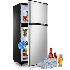 Geekman 3.5 Cu.Ft Mini Fridge with Freezer, Double Door Mini Fridger with 7 Level Adjustable Thermostat, Mini Refrigerator with interior LED light, Perfect for Dorm, Office, Bedroom＆RV, Silver