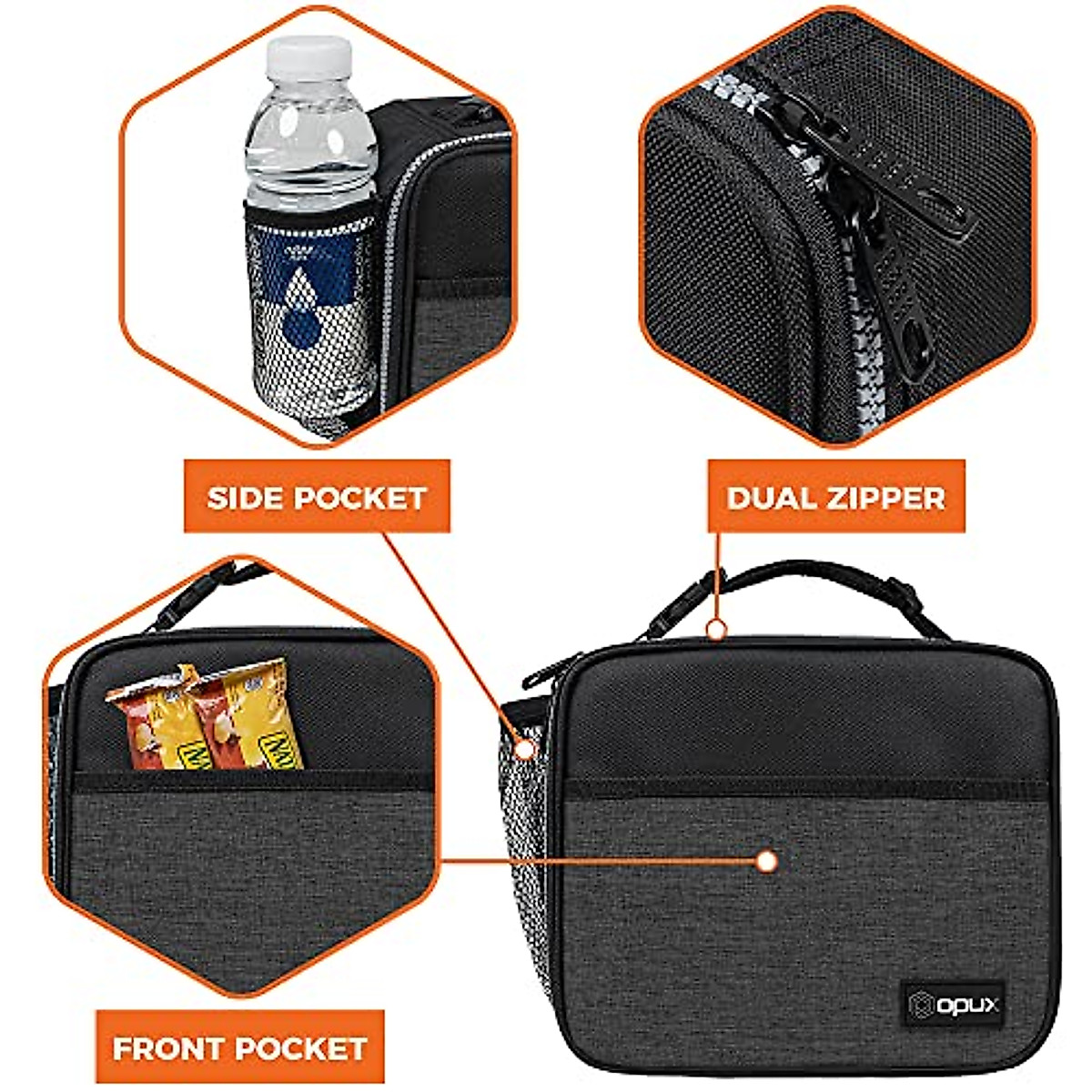 OPUX Insulated Lunch Bag, Soft Lunch Box for School Kids Boys Girls, Leakproof Small Lunch Pail for Adult Men Women, Reusable Compact Lunchbox Lunch Cooler Tote Bag for Office Work (Charcoal)