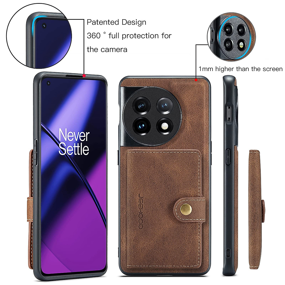 Hongxinyu Case for OnePlus 11 5G,Detachable Magnetic Basic Case Wallet Card Cash Slot Case Cover Functional Kickstand Compatible with OnePlus 11 5G 2023 (Brown)