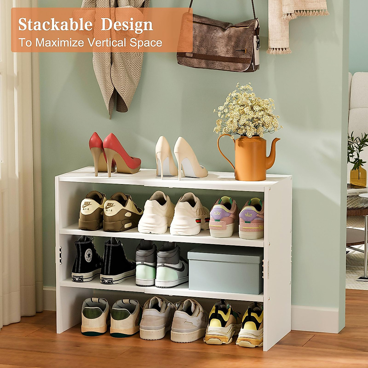 White Shoe Rack Organizer for Closet, 3-Tier Expandable Shoe Shelf, Stackable Iron Wood Combination Shoe Racks Shelves for Closets, Entryway,Small Space,Hallway,Garage,Holds 8-16 Pairs of Shoes