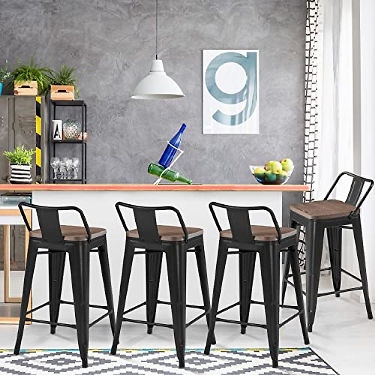 Yaheetech 24'' Metal Bar Stool 4PCS Low Back Conuter Stools for Indoor/Outdoor Barstools w/Wooden Seat Metal Leg Industrial Counter Height Black
