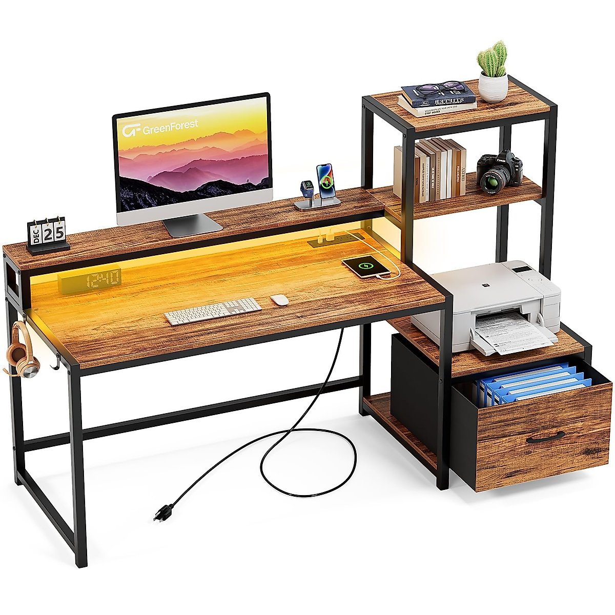 GreenForest Office Desk with Power Outlets and Printer Shelf, 68.8 inch Computer Desk with LED and Drawer, Reversible Gaming Desk with Storage for Home Study Working,Walnut