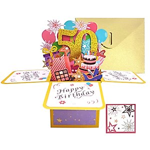 Happy 50th Birthday Cards 50th Birthday Greeting Card 50th Gift Card Birthday Pop Up Cards with Note Card and Envelope 50th Birthday Gifts for Women, Wife, Mother Gifts Box 3D Popup Birthday Cards