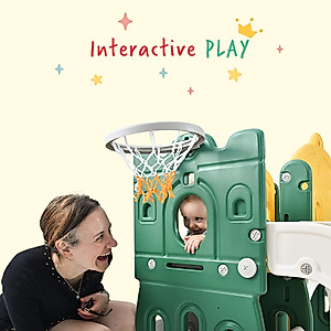 Merax 6-in-1 Kids Slide with Climber, Basketball Hoop, Tunnel and Storage Space, Outdoor Indoor Slide Playset for Toddlers Age 1+