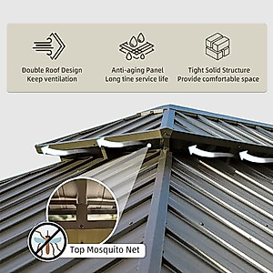 Domi 12x18FT Hardtop Gazebo with Netting & Curtains, Outdoor Aluminum Frame Gazebo with Galvanized Steel Double Roof, Outdoor Permanent Metal Pavilion for Patio Deck Lawn and Garden, Brown