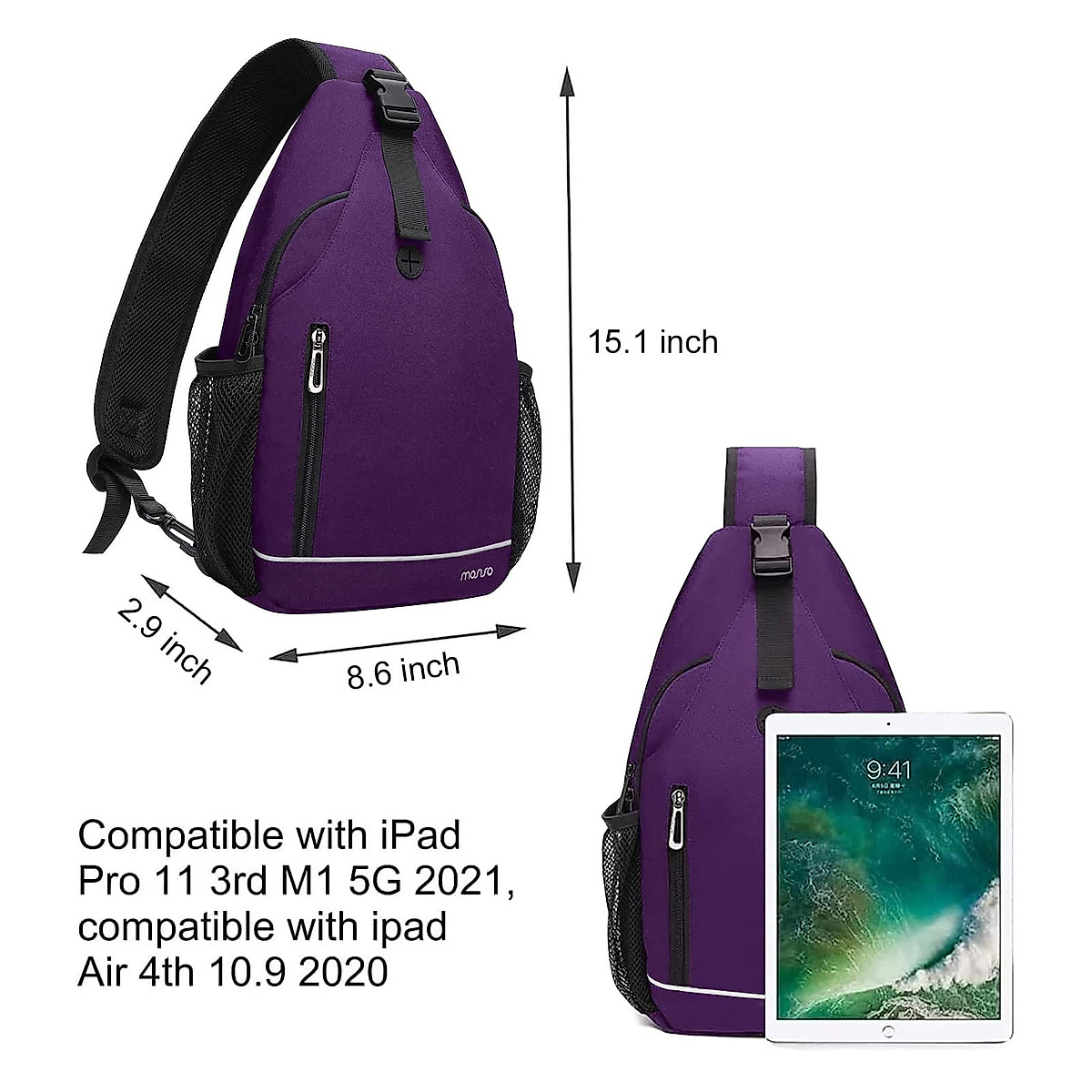 MOSISO Sling Backpack,Multipurpose Travel Hiking Daypack Rope Crossbody Shoulder Bag with Front Buckle Pouch&Reflective Strip, Purple