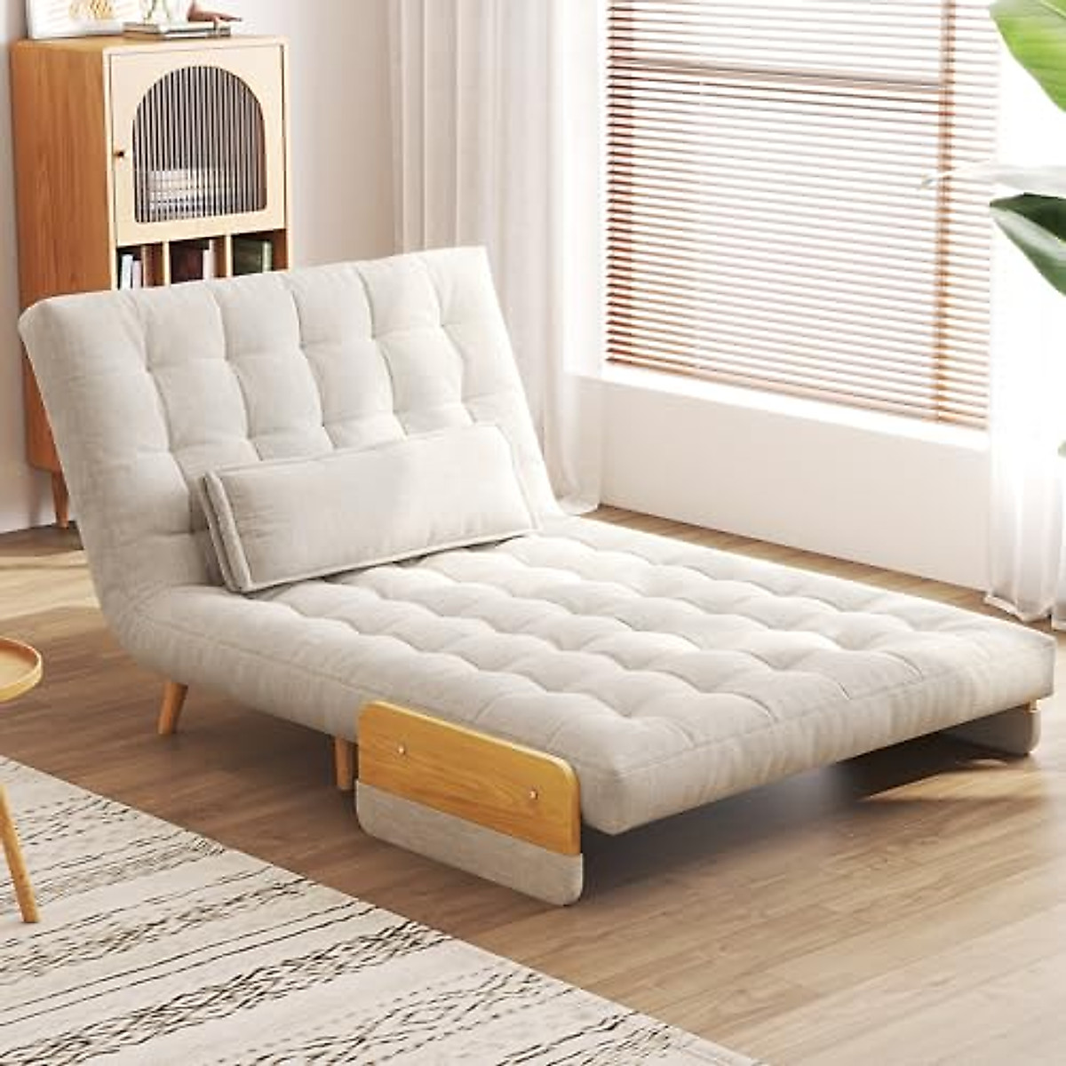 JASIWAY 3-in-1 Convertible Chair Bed Sleeper for Adults, Linen Convertable Sleeper Chair with Wooden Arms & Pillows, Foldable Single Futon Sofa Bed for Small Spaces, Mid Century, 76.6" D x 36.6" W