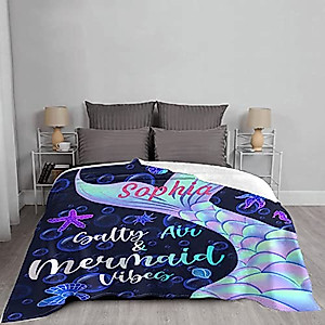Personalized Mermaid Blanket Custom Name Blanket for Girls Women Customized Mermaid Tail Scale Blanket Cute Animal Soft Cozy Lightweight Fleece Throw Blanket Birthday Gift For Sofa Bed XS For Toddlers