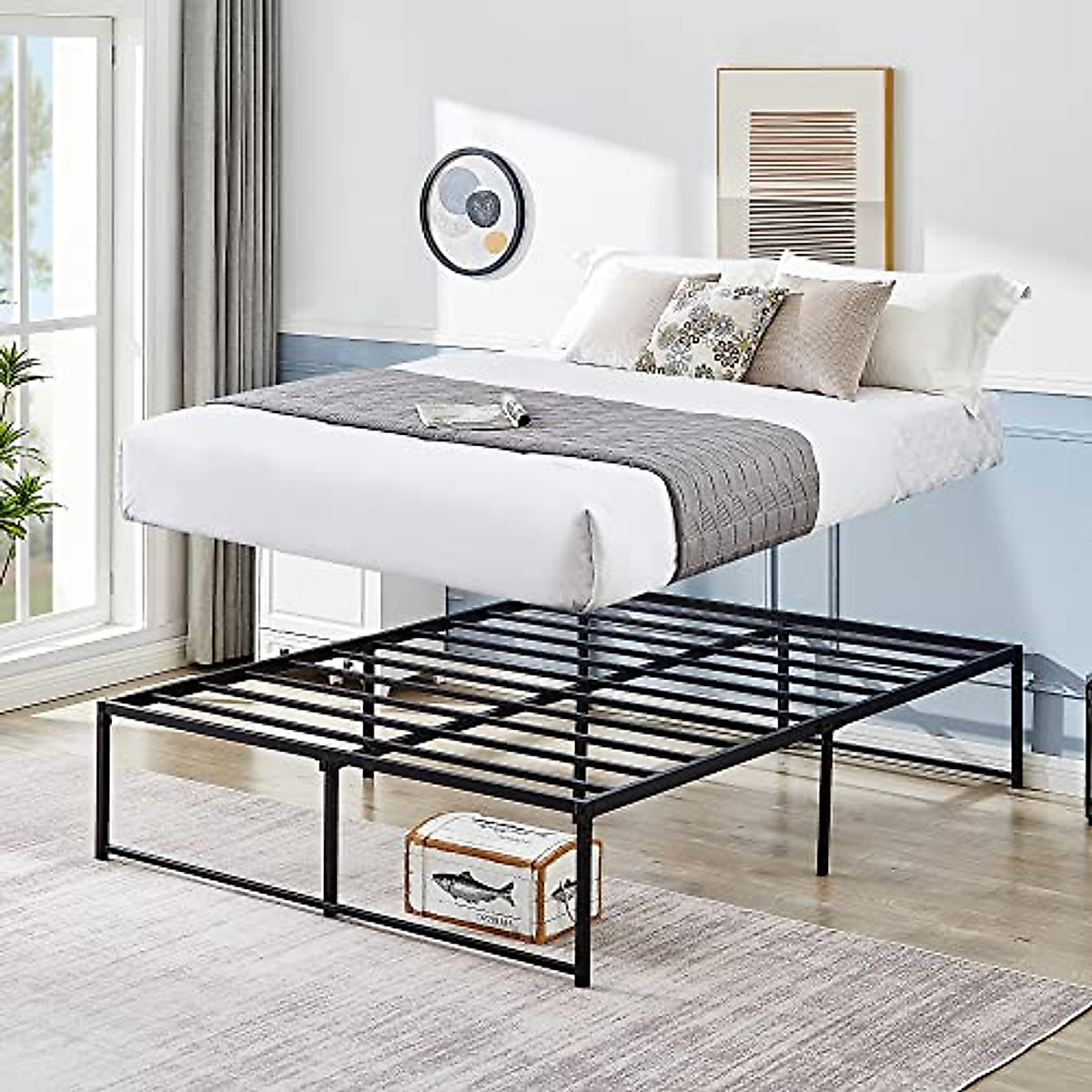 VECELO 16" Metal Platform Tall Bed Frame,Mattress Foundation/No Box Spring Needed/Heavy Duty Steel Slat Support (Full Size)