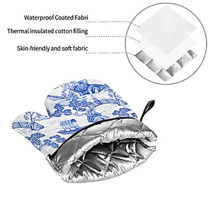 Blue Chinoiserie Pagoda White Oven Mitts and Pot Holders Set of 4, Oven Mittens and Potholders Heat Resistant Gloves for Kitchen Cooking Baking Grilling BBQ