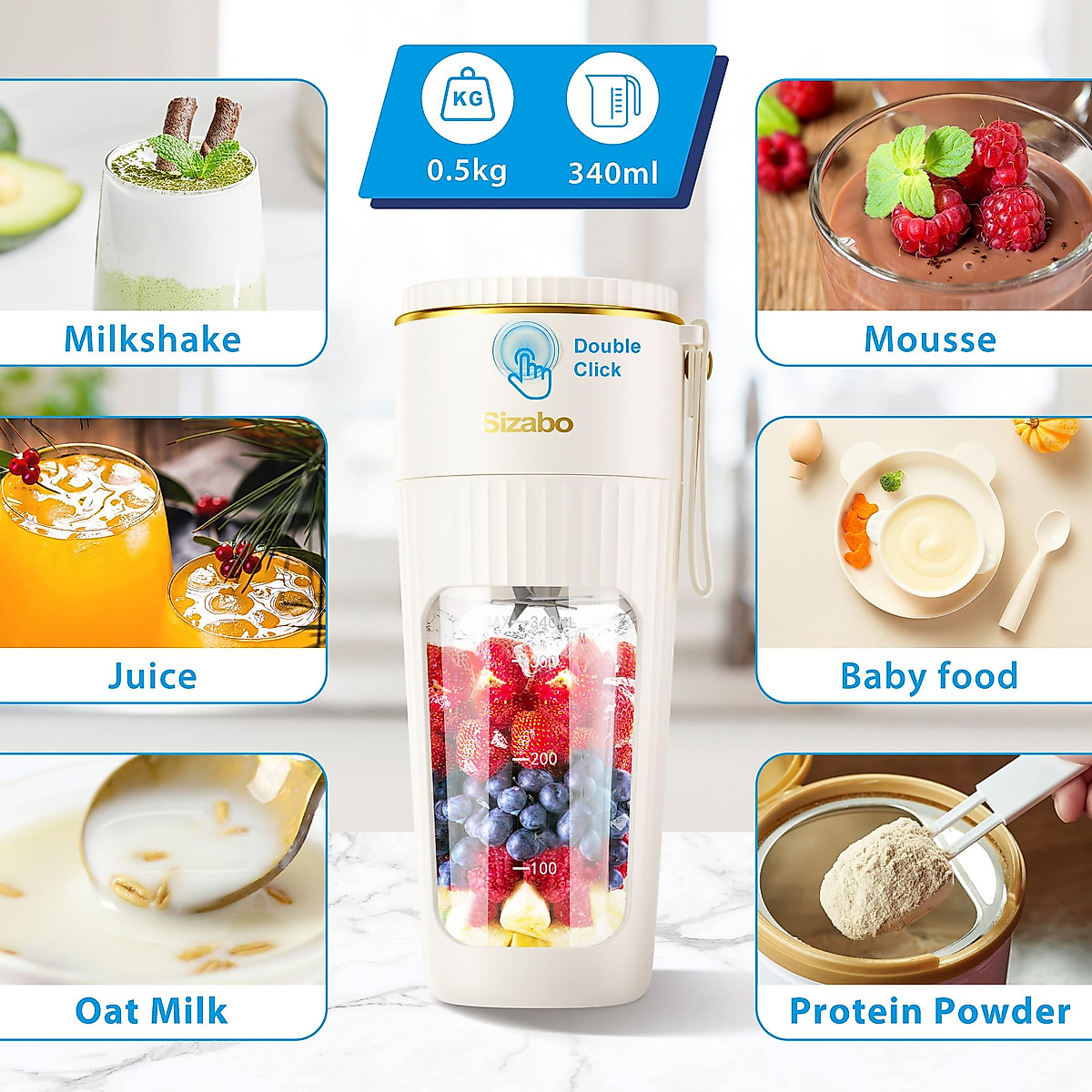 Sizabo Portable Blender,Travel Personal Size Blender for Shakes and Smoothies, Beach Blender Cup Rechargeable with 10 Blades, 3000mAh Mini Fruit Juice Mixer Sport Portable Blender Rechargeable White