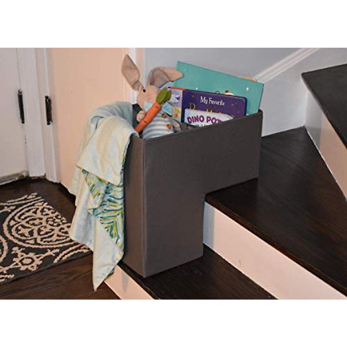 Stair Basket - Gray Staircase Storage Organizer with Board Divider & Handles - Step Container to Store Laundry, Toys & Household Items - Durable, Foldable, Easy to Carry