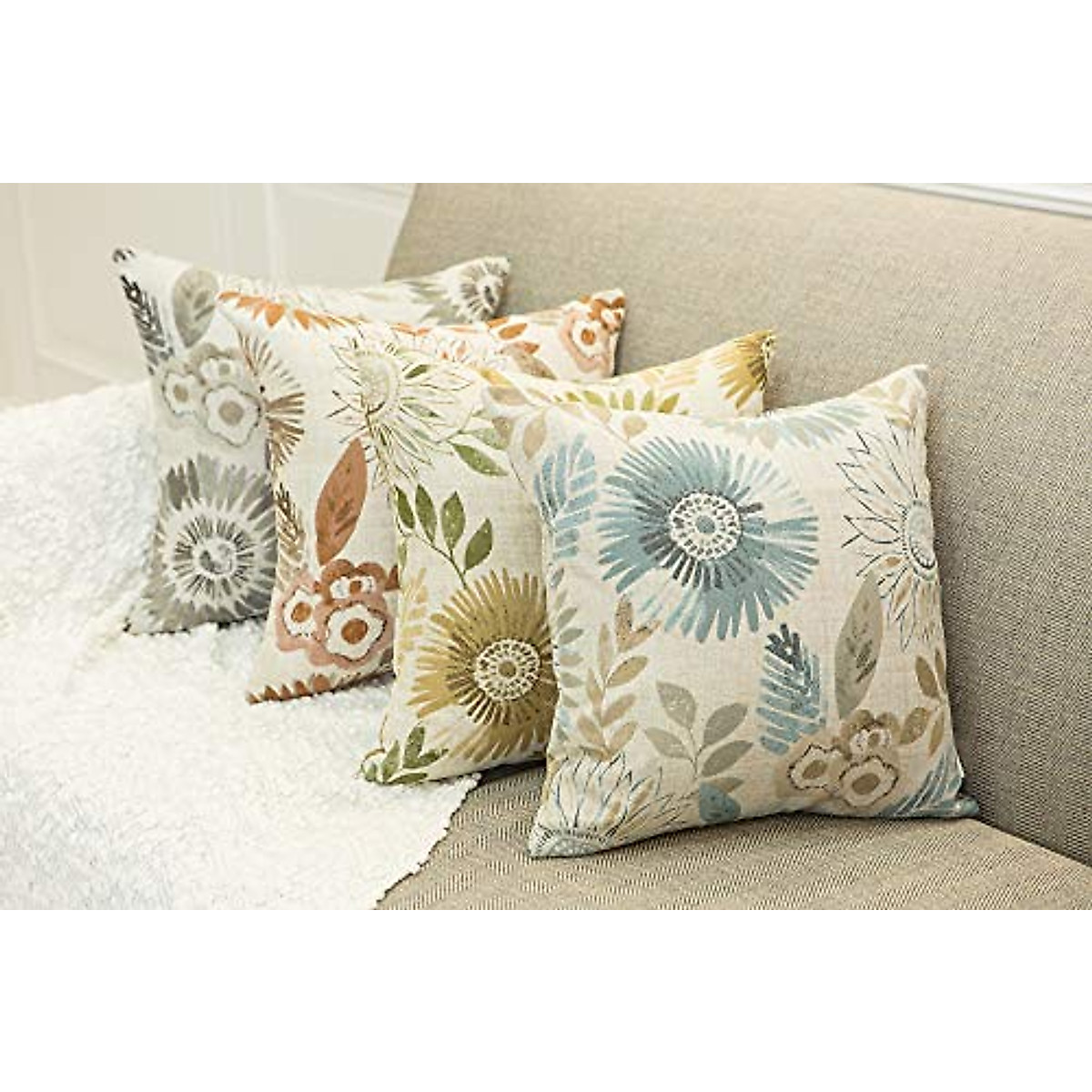 Mika Home Pack of 2 Throw Pillow Covers Decorative Pillow Cases for Sofa Couch Bed,Sunflower Pattern,22x22 Inches,Blue Cream