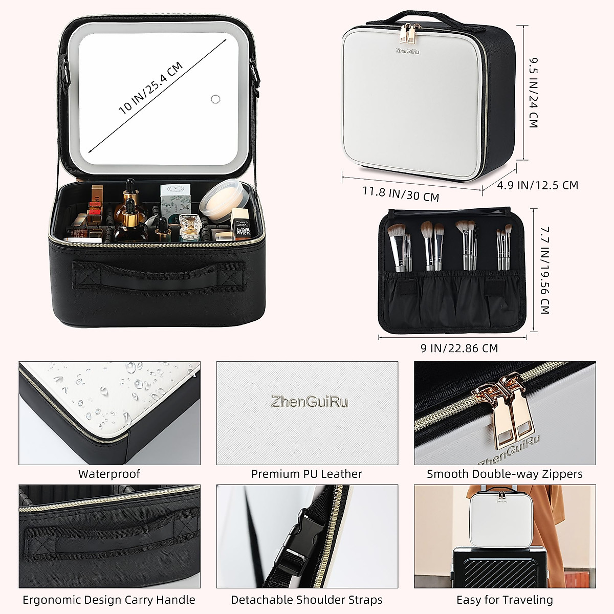 ZhenGuiRu Makeup Bag with LED Mirror, Portable Makeup Artist Organizer Case with Lighted Mirror, Travel Makeup Bag for Cosmetic Brush Holder Storage, White Makeup Bag Gift for Women