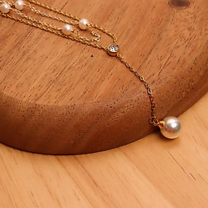 Jean Beau 2PCS Small Pearl Strand Layered Chain Gold Station Choker Necklaces - Dainty Long Drop Dangle Rhinestone Zirconia Y Necklace Accessories Jewelry Gift for Women