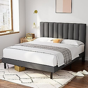Molblly Queen Size Bed Frame Upholstered Platform with Headboard and Strong Wooden Slats,Mattress Foundation,Non-Slip and Noise-Free,No Box Spring Needed, Easy Assembly,Dark Gray
