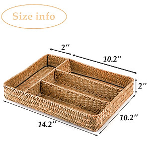 Lyellfe 2 Pack Tea Bag Organizer, 4 Divided Sugar Packet Holder, Handmade Seagrass Wicker Storage Basket for Organizer, Silverware Drawer for Paper, Cutlery, Coffee Pods, Snack