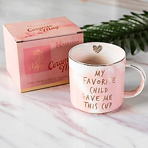 Hendson Mom Gifts From Daughter Son - Birthday Gift For Mother - Mothers Day, Christmas, New Moms Coffee Mug Novelty Gift for Women - My Favorite Child Gave Me This Cup - Pink Marble Mug, 11.5oz