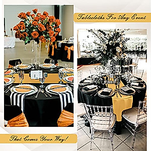 LOKUME 6 Pack Round Plastic Tablecloth 84" Black Disposable Table Covers Waterproof Circle Party Table Cloths for Round Tables and 6 Pack 12"x108" Gold Satin Table Runners for Parties Birthday Picnic