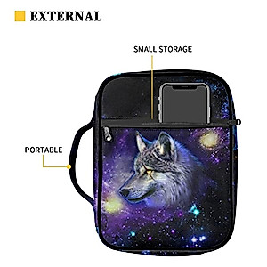 Jiueut Galaxy Wolf Bible Cover for Men Large Size Bible Case Scripture Carrying Book Case Boys Study Bible Case Bible Holder with Handle and Zippered Pocket
