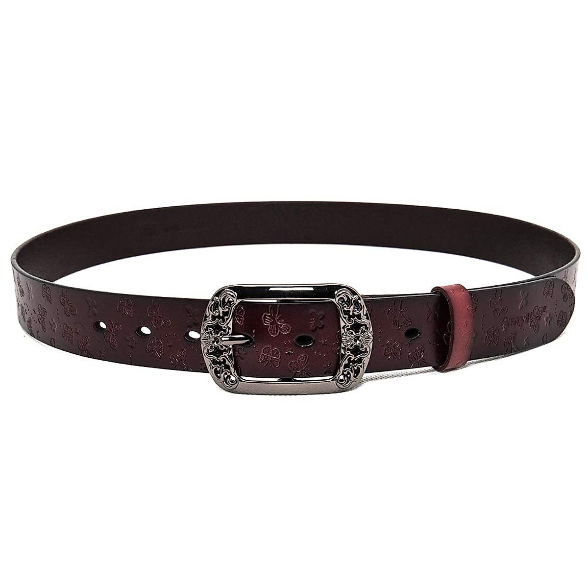 AmyKer Womens Leather Belts for Jeans Black Brown Yellow Red Cowgirl Embossed Belt and Buckle Elegant Gift Box Brown 45 inch (115cm)