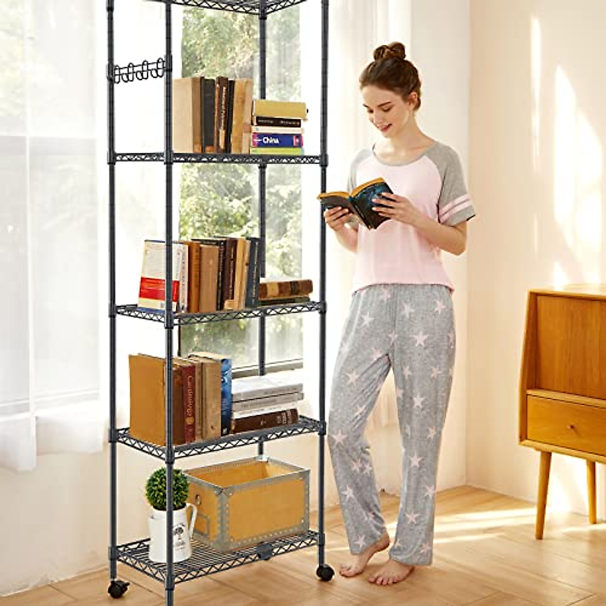 Devo 5-Tier Shelf Storage Shelves, Metal Shelves for Storage, Wire Shelving Unit, Adjustable Shelves Organizer for Garage, Pantry, Kitchen, Side Hooks, Black